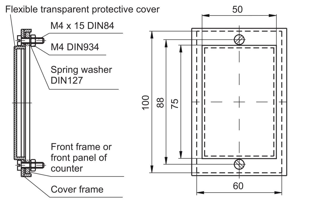 Front panel with transparent protective cover, for socket box 50 x 75 ...